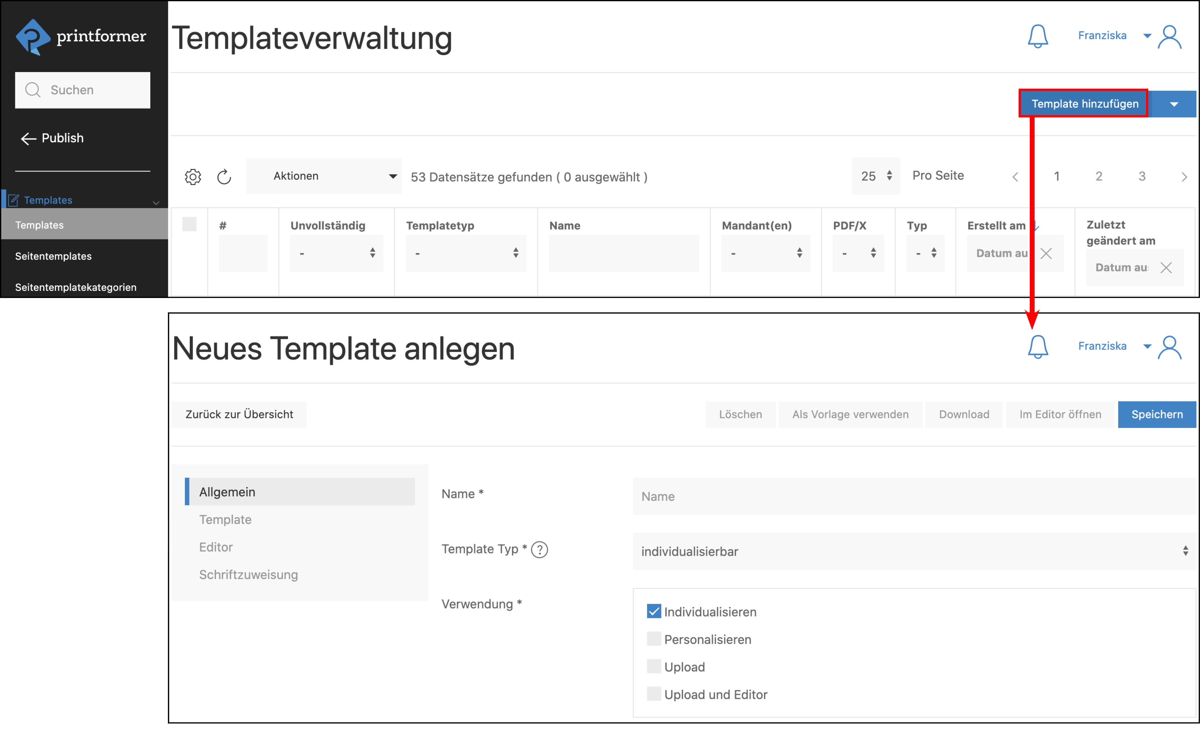 PF Templates einrichten